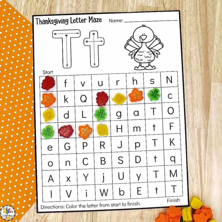 Thanksgiving Letter Maze Preschool Worksheets