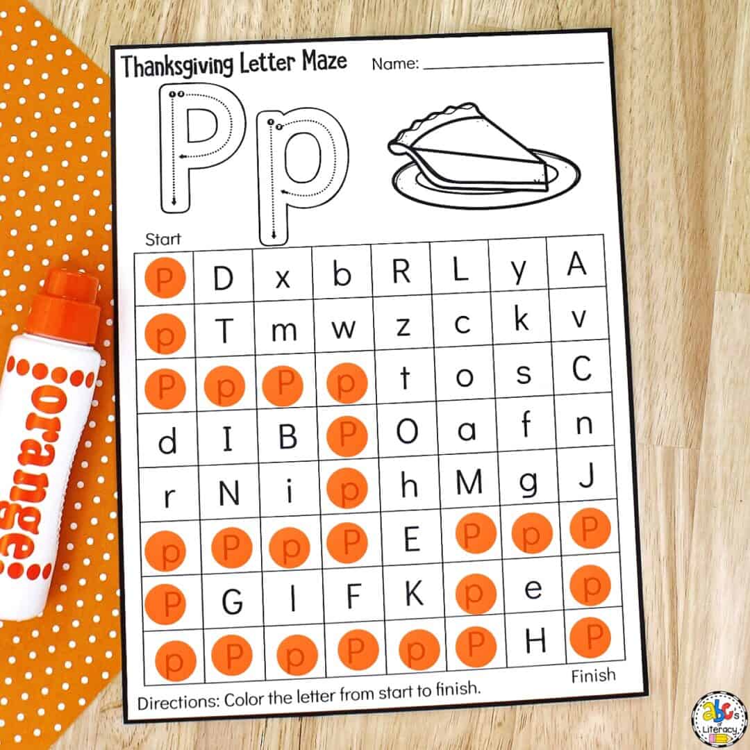 Thanksgiving Letter Maze Preschool Worksheets