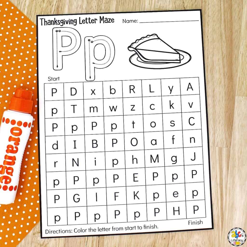Thanksgiving Letter Maze Preschool Worksheets