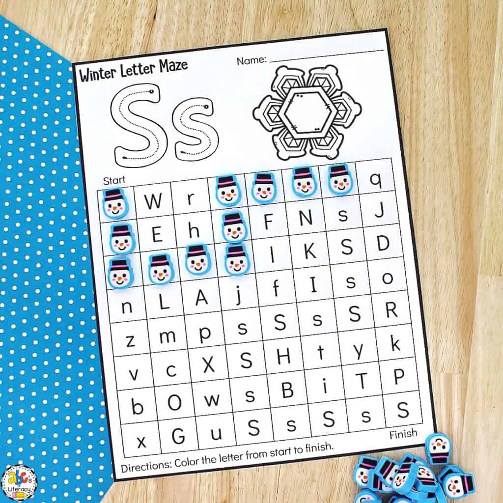 Winter Letter Maze Preschool Worksheets