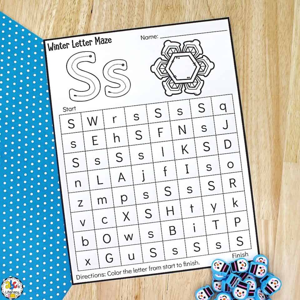 Winter Letter Maze Preschool Worksheets
