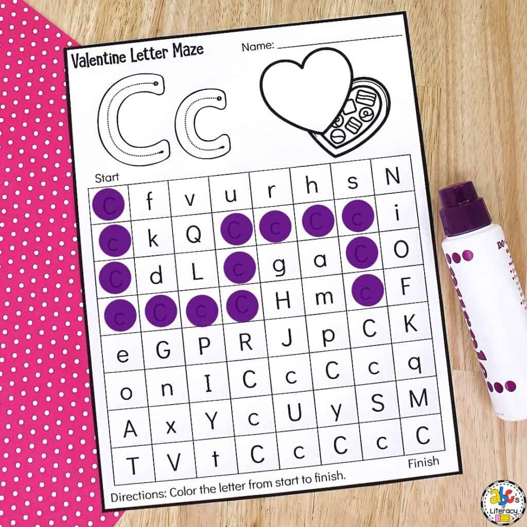 Valentine's Day Letter Maze Preschool Worksheets