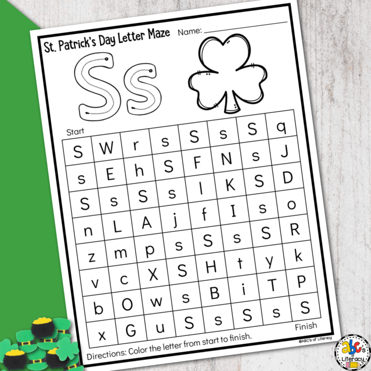 St. Patrick's Day Letter Maze Preschool Worksheets