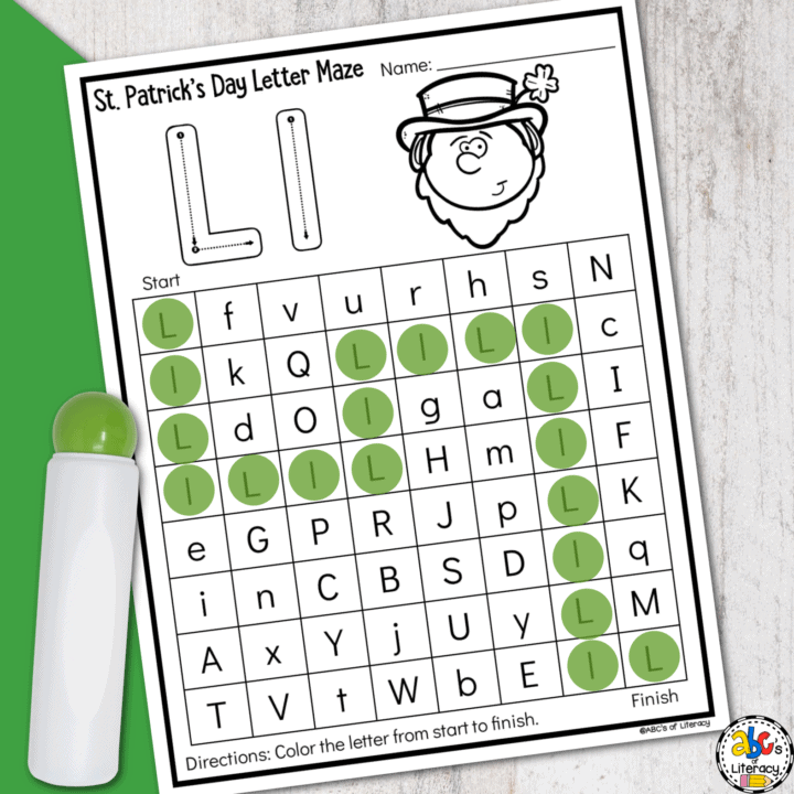 St. Patrick's Day Letter Maze Preschool Worksheets