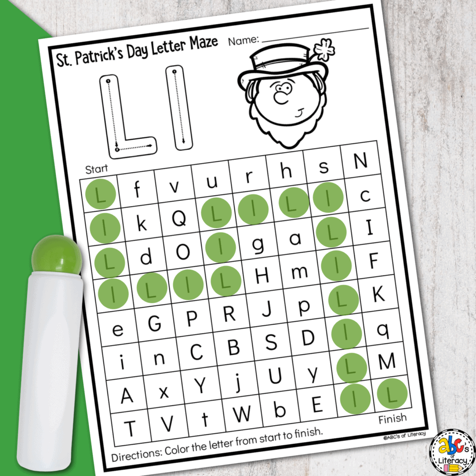 St. Patrick's Day Letter Maze Preschool Worksheets